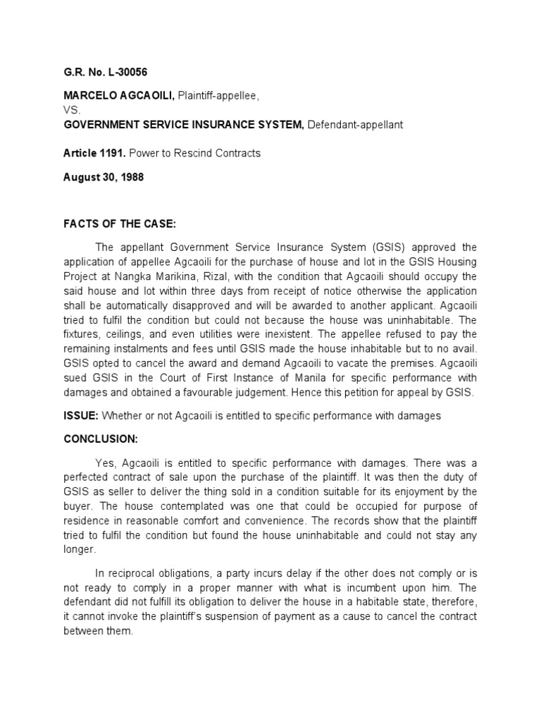 Agcaoili vs GSIS: Specific Performance Case | PDF | Finance & Money ...