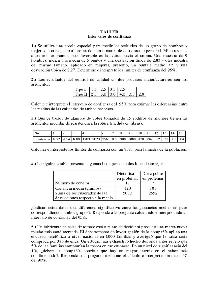 Taller Intervalos de Confianza | PDF | Desviación Estándar | Intervalo de confianza