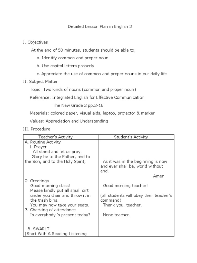 Detailed Lesson Plan in English 2 | PDF | Noun | Classroom