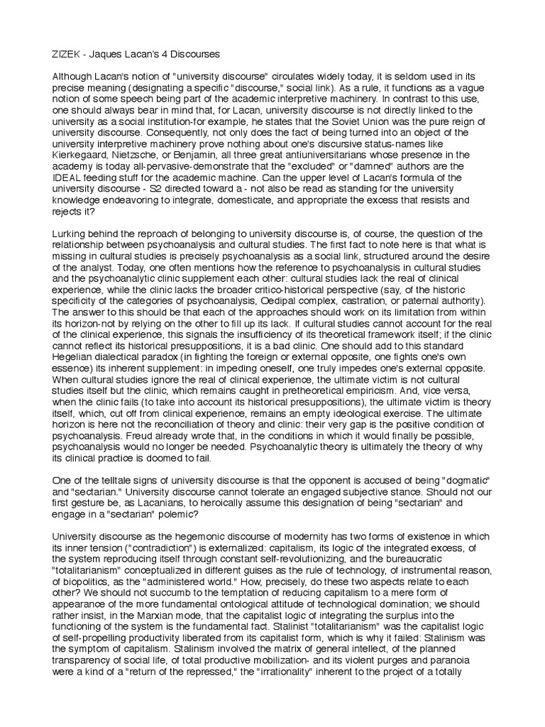 Zizek - Lacan's Four Discourses | Download Free PDF | Psychoanalysis ...