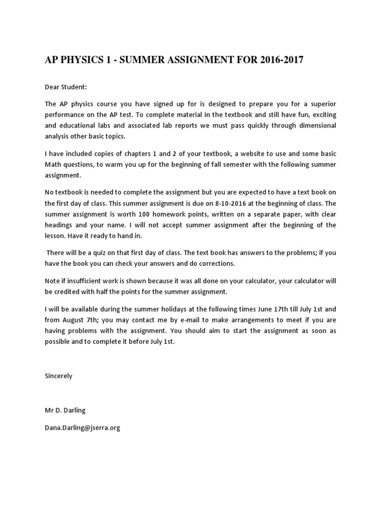 Ap Physics 1 - Summer Assignments | PDF | Velocity | Frequency