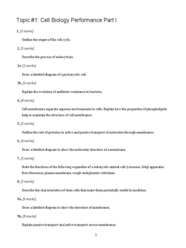 Topic #1: Cell Biology Performance Part I: 1. (5 Marks) | PDF | Cell ...
