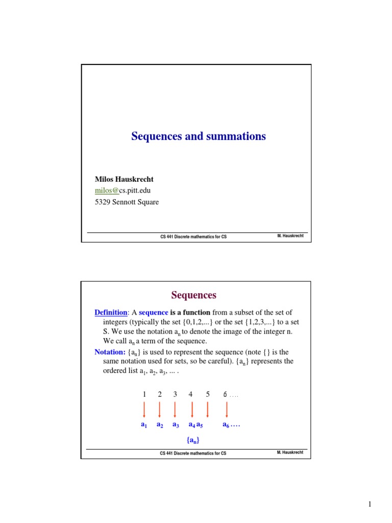 Sequences and Summations: Milos Hauskrecht | PDF | Sequence | Summation