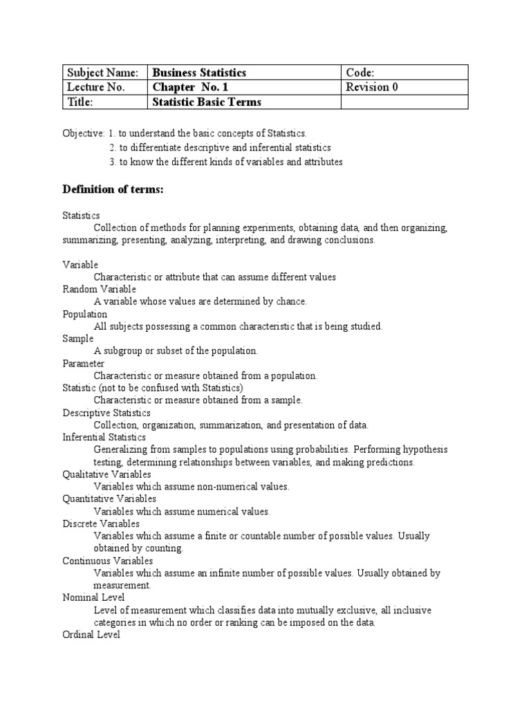 Chapter No. 1 Statistic Basic Terms: Subject Name: Business Statistics ...