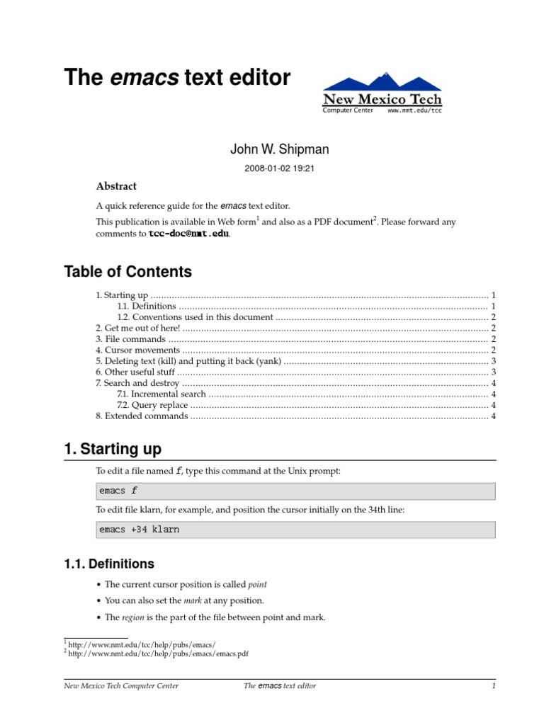 Emacs Quick Reference Guide | PDF | Text | Computer Programming