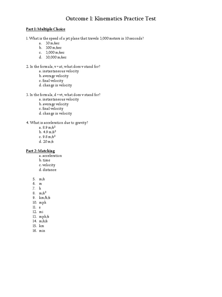Outcome 1: Kinematics Practice Test: Part 1: Multiple Choice | PDF ...