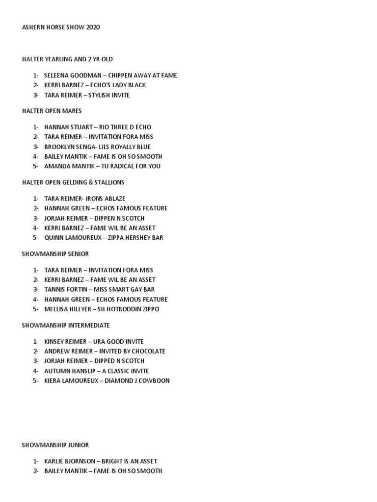 Ashern Horse Show 2020 Results | PDF | Horses | Equidae