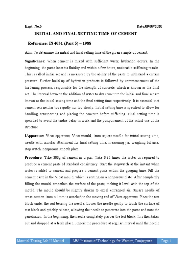 Initial Setting Time | PDF | Cement | Concrete