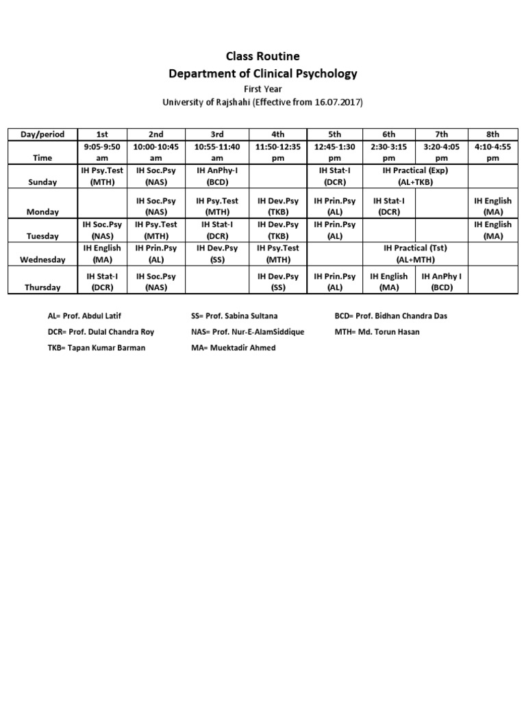 First Year Class Routine for the Department of Clinical Psychology at ...