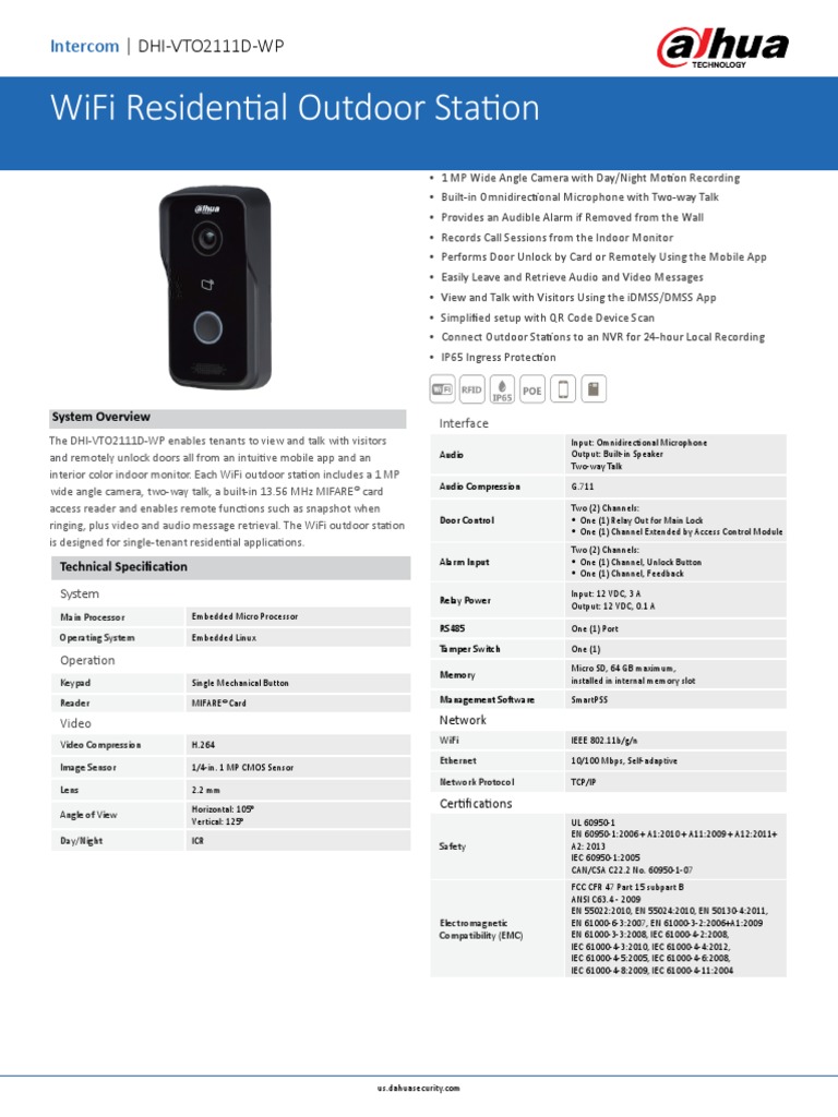 Datasheet Intercom 1MP WiFiResidentialOutdoorStation DHI VTO2111D WP ...