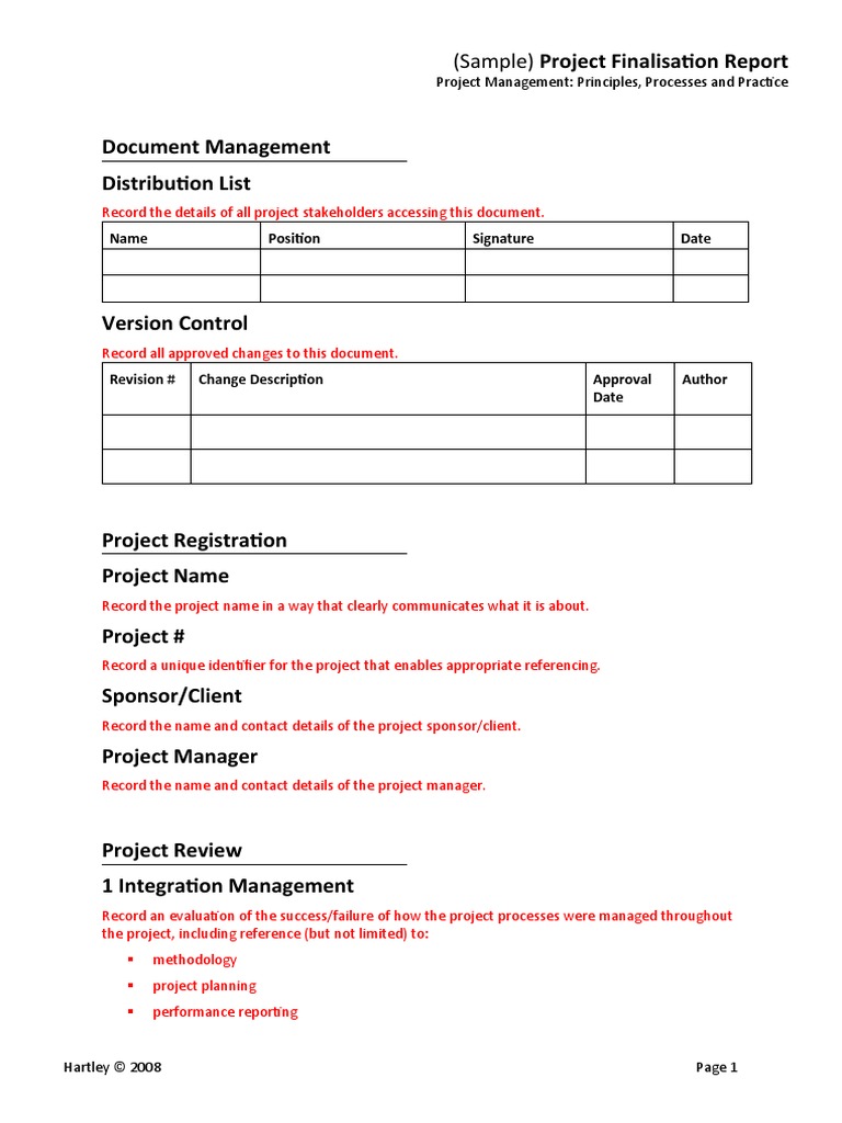 Document Management Distribution List: (Sample) Project Finalisation ...