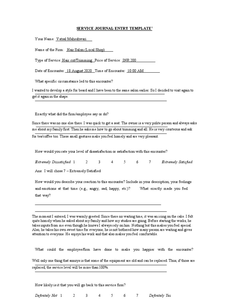 Hair Salon Service Journal Entry | PDF | Psychological Concepts