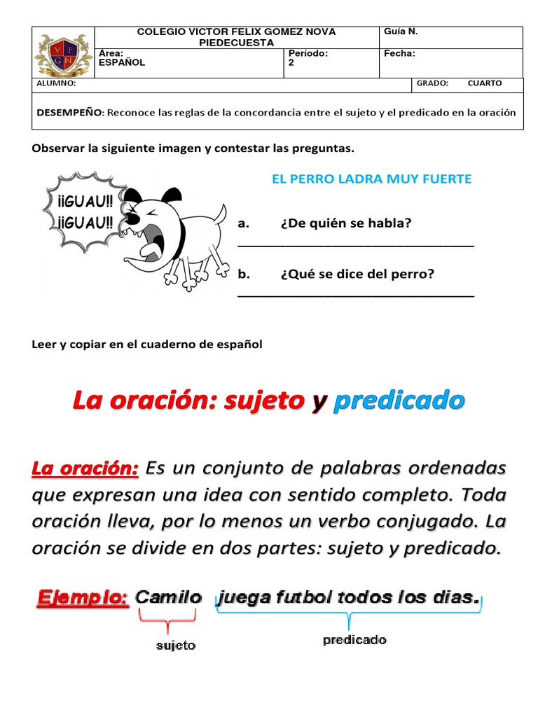 Guia Español 4° El Sujeto y El Predicado.2 | PDF | Asunto (gramática ...