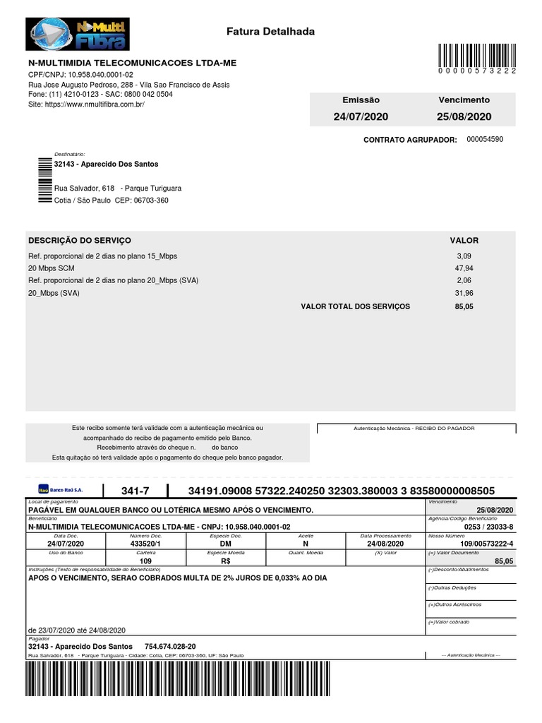 Fatura Detalhada de Serviços de Telecomunicações para o Mês de Agosto ...