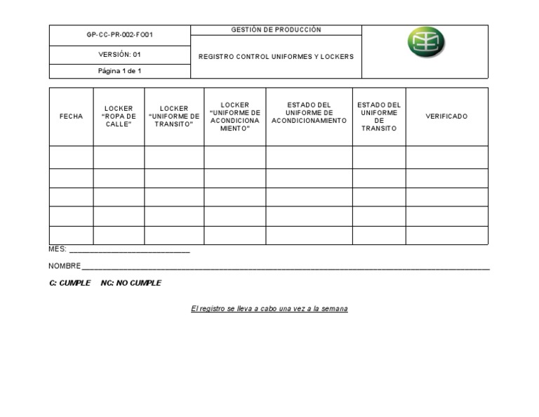 Registro de control de uniformes y lockers para empleados de tránsito | PDF