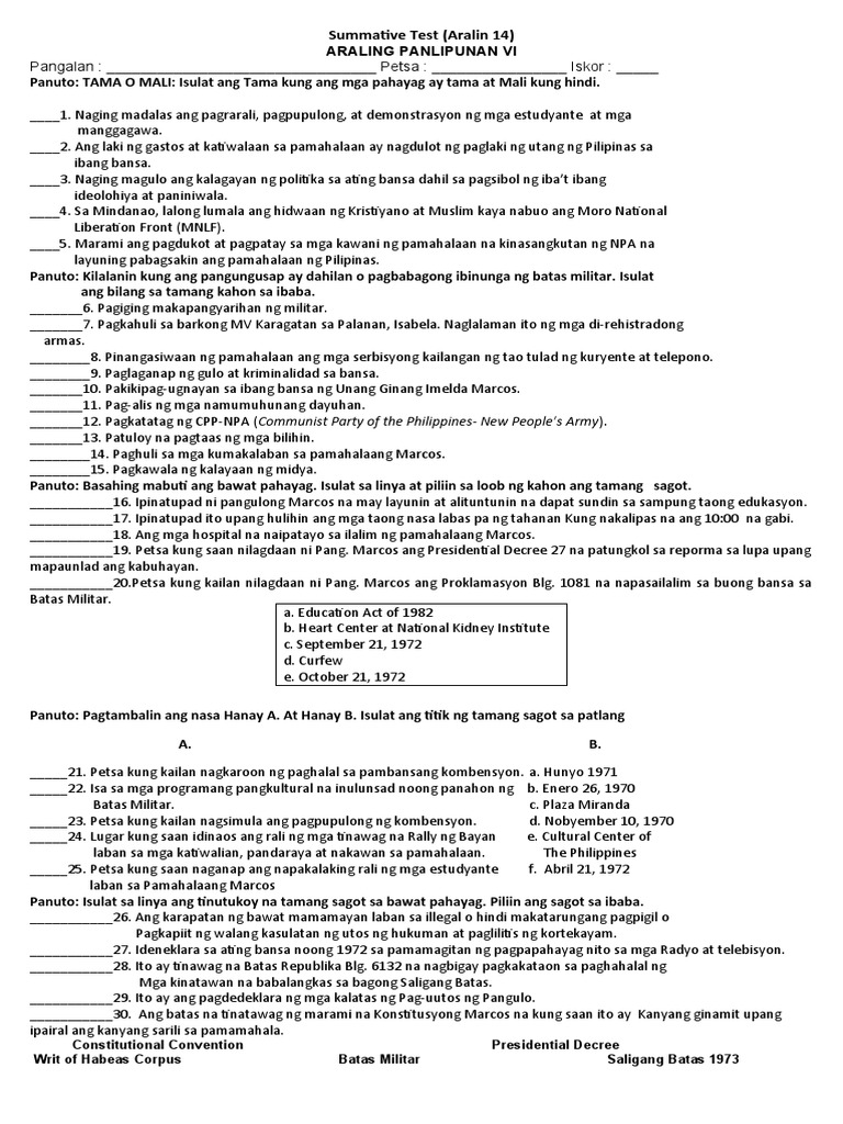 4th. Quarter Summative Test in AP 6 With Key To Correction | PDF