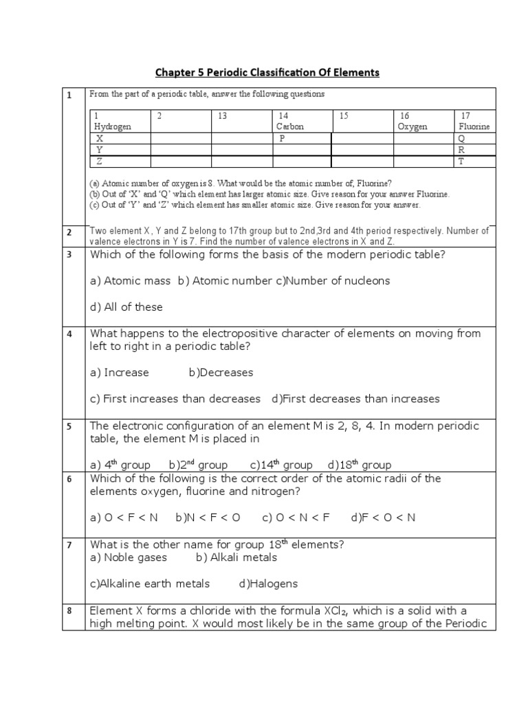 Periodic Classification Revision Questions | PDF | Periodic Table ...