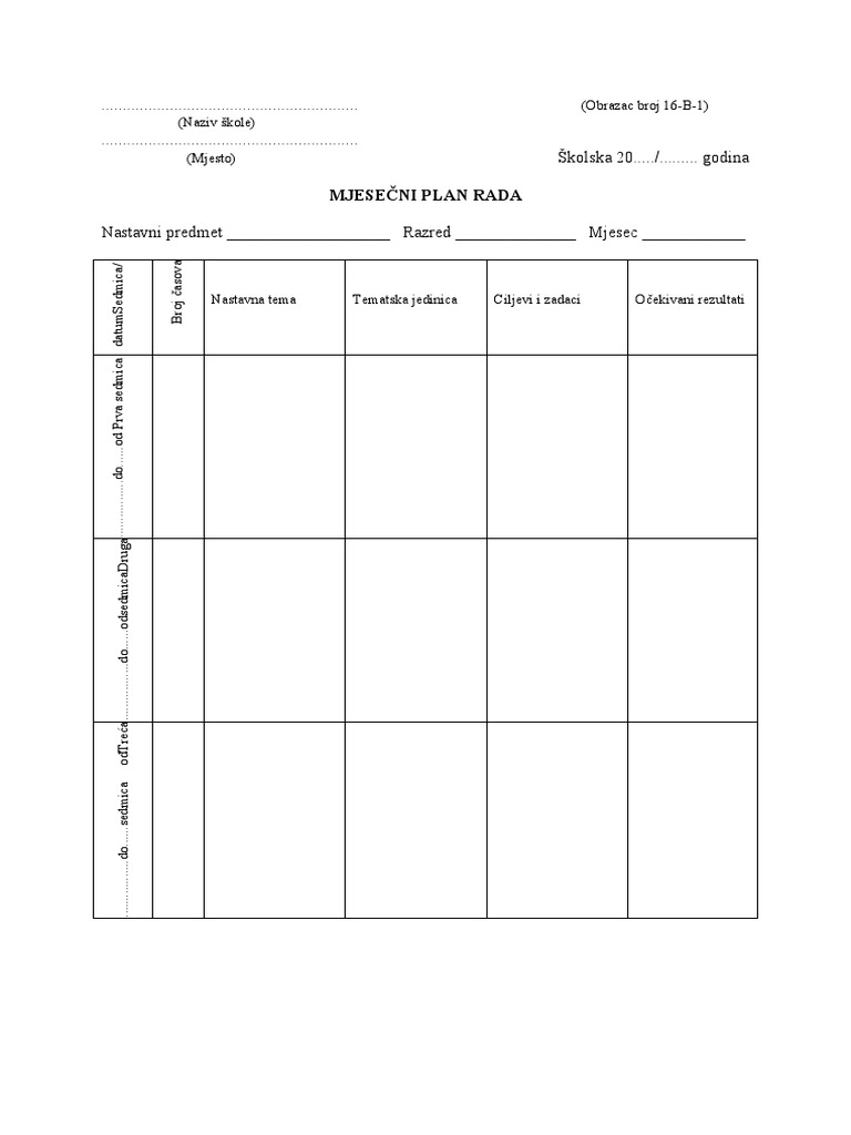Obrasci - Mjesečni Plan Rada | PDF