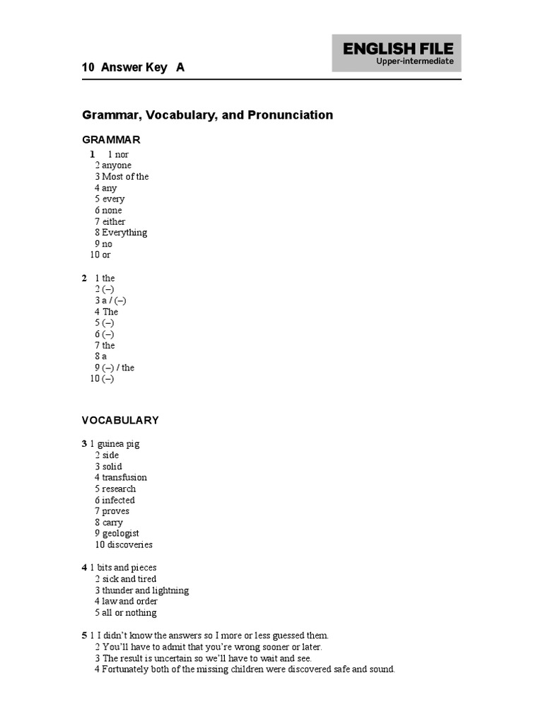 10 Answer Key A: Grammar | PDF | Speech | Vocabulary