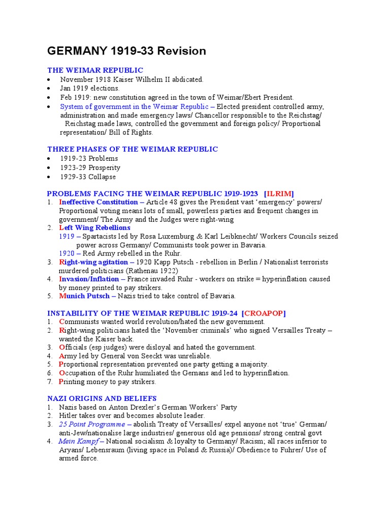 GERMANY 1919-33 Revision: System of Government in The Weimar Republic ...