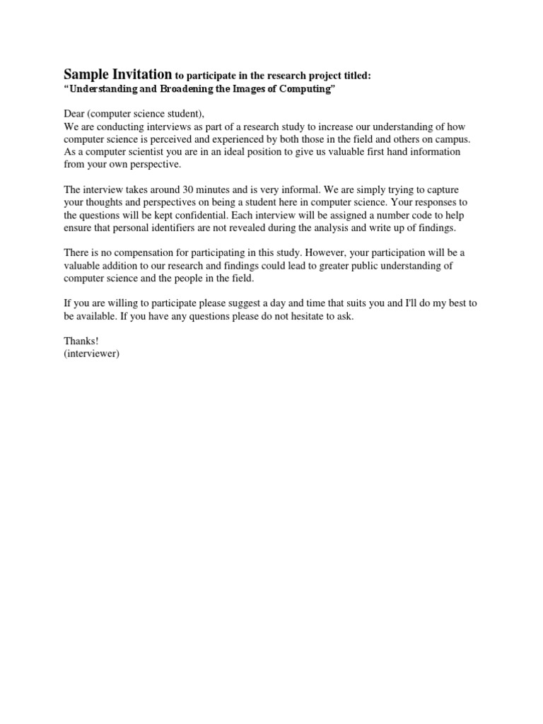 Sample Invitation: To Participate in The Research Project Titled ...