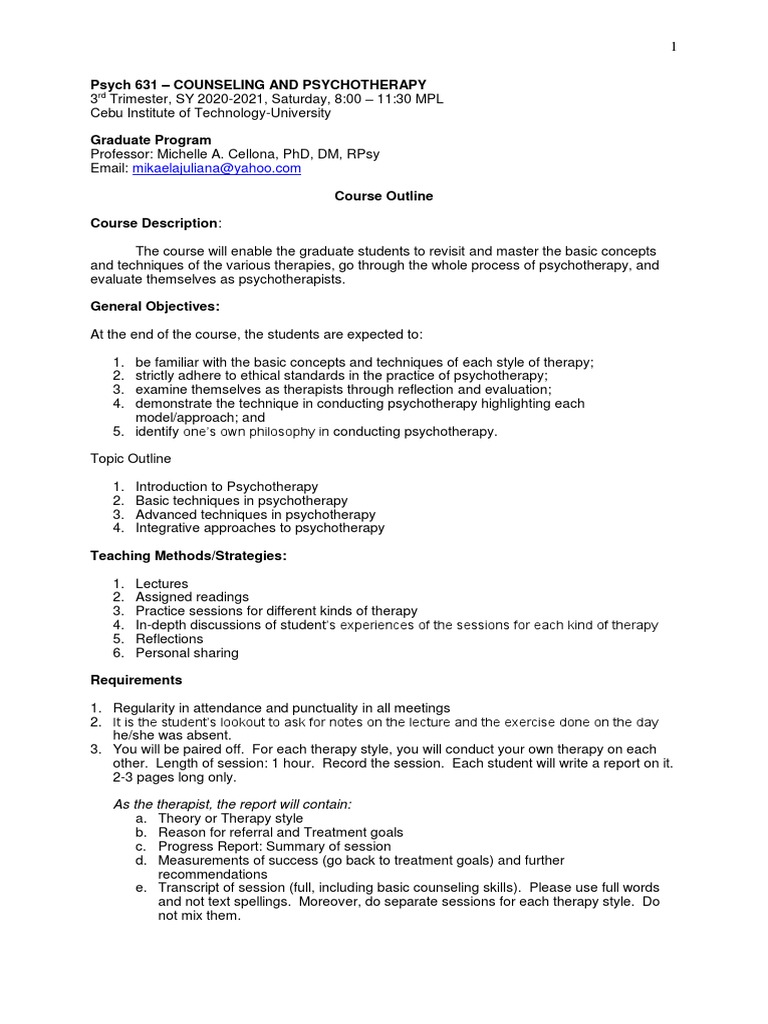 Counseling and Psychotherapy Course Outline | PDF | Psychotherapy ...