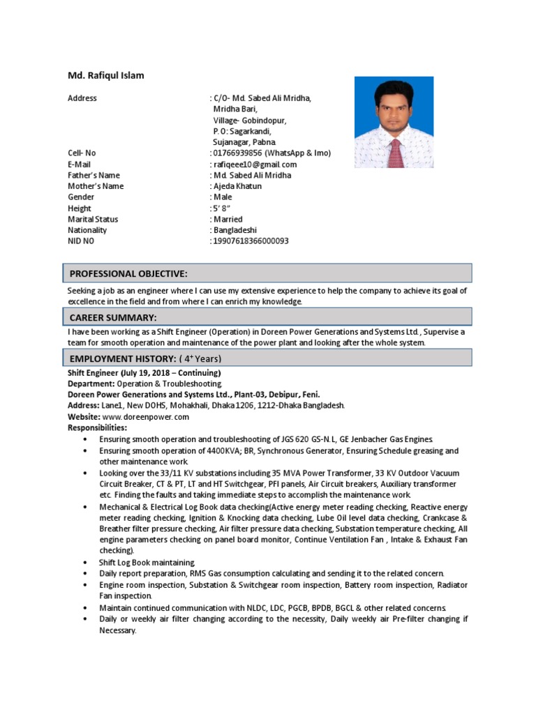 CV of Md. Rafiqul Islam PDF | PDF | Electrical Substation | Engines