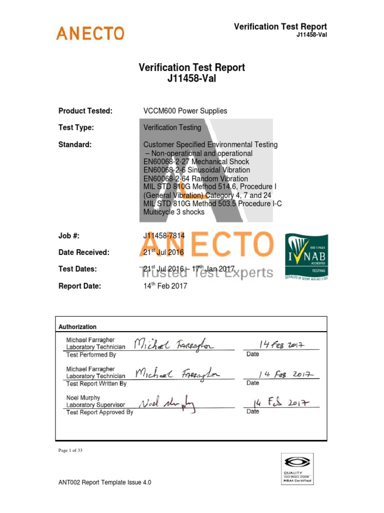 Verification Test Report J11458-Val: Product Tested: Test Type ...