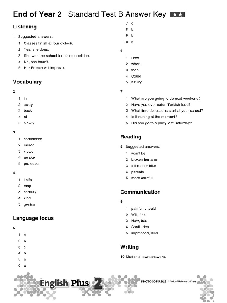 Year 2 Standard Test B Answer Key | PDF