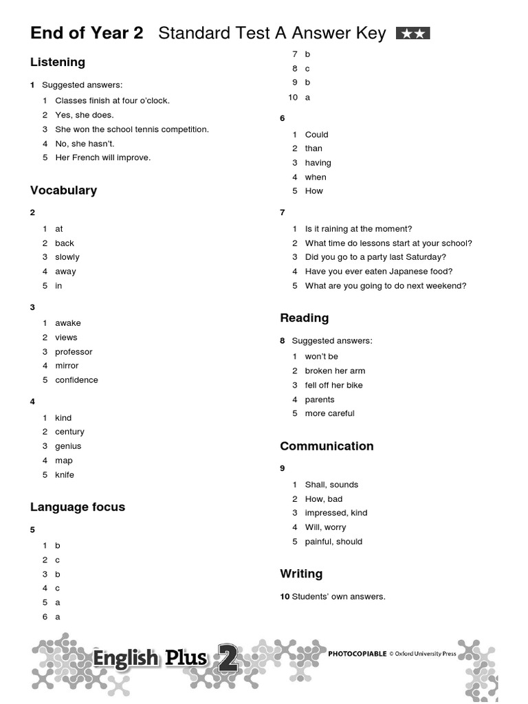 End of Year 2 Standard Test A Answer Key: Listening | PDF