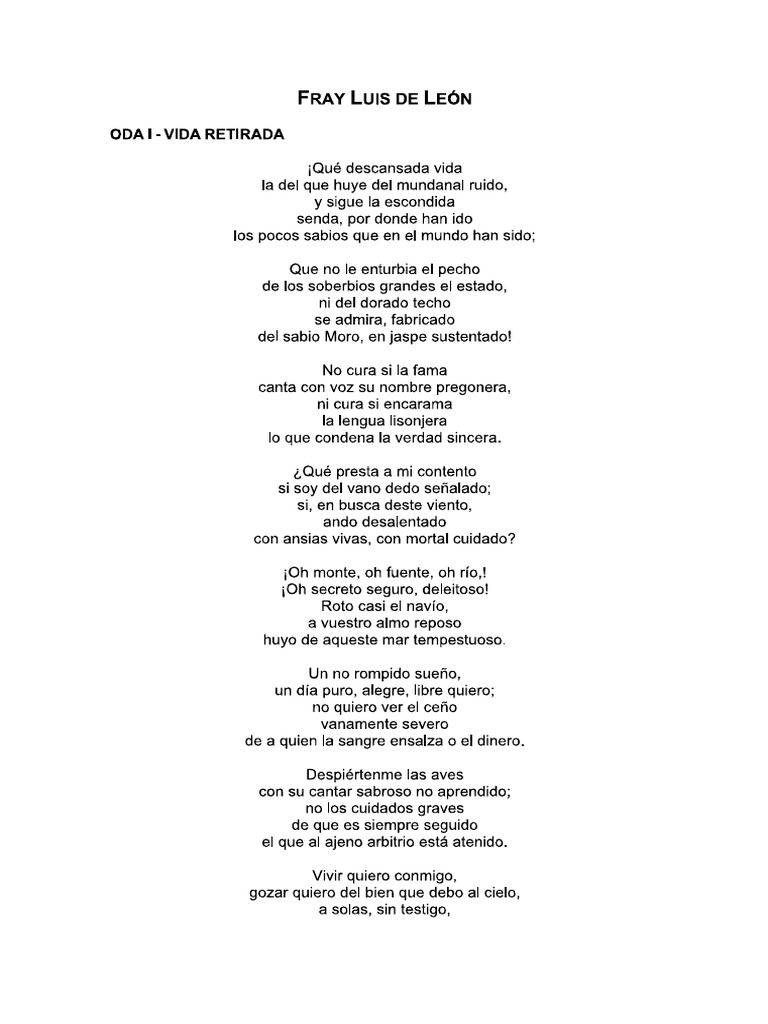 Oda A La Vida Retirada Fray Luis de León PDF | PDF