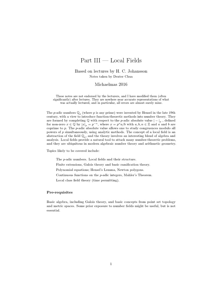 Local Fields and p-adic Numbers | PDF | Field (Mathematics) | Ring ...