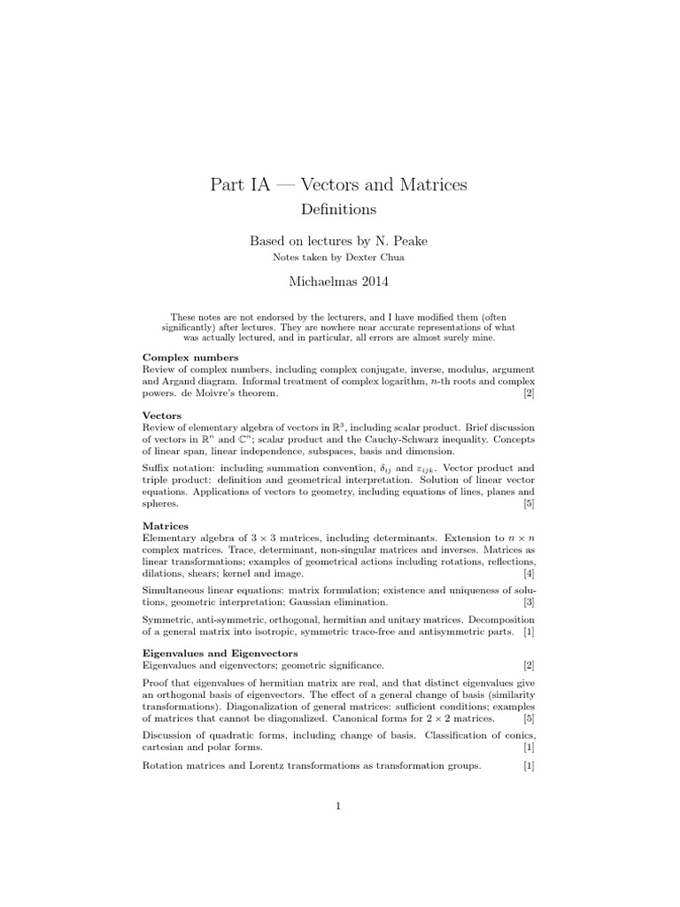 Part IA - Vectors and Matrices: Definitions | PDF | Eigenvalues And ...