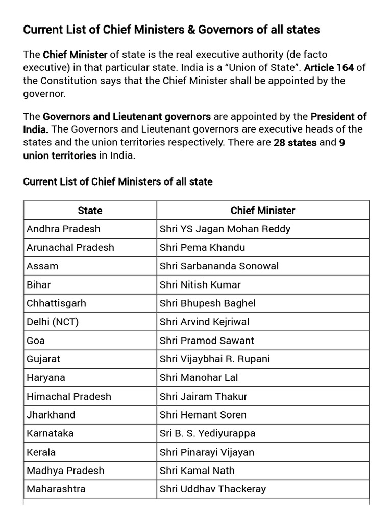 Current List of Chief Ministers & Governors of All States | PDF ...