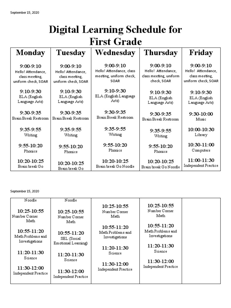 First Grade Schedule 9 15 20 | PDF | Cognition