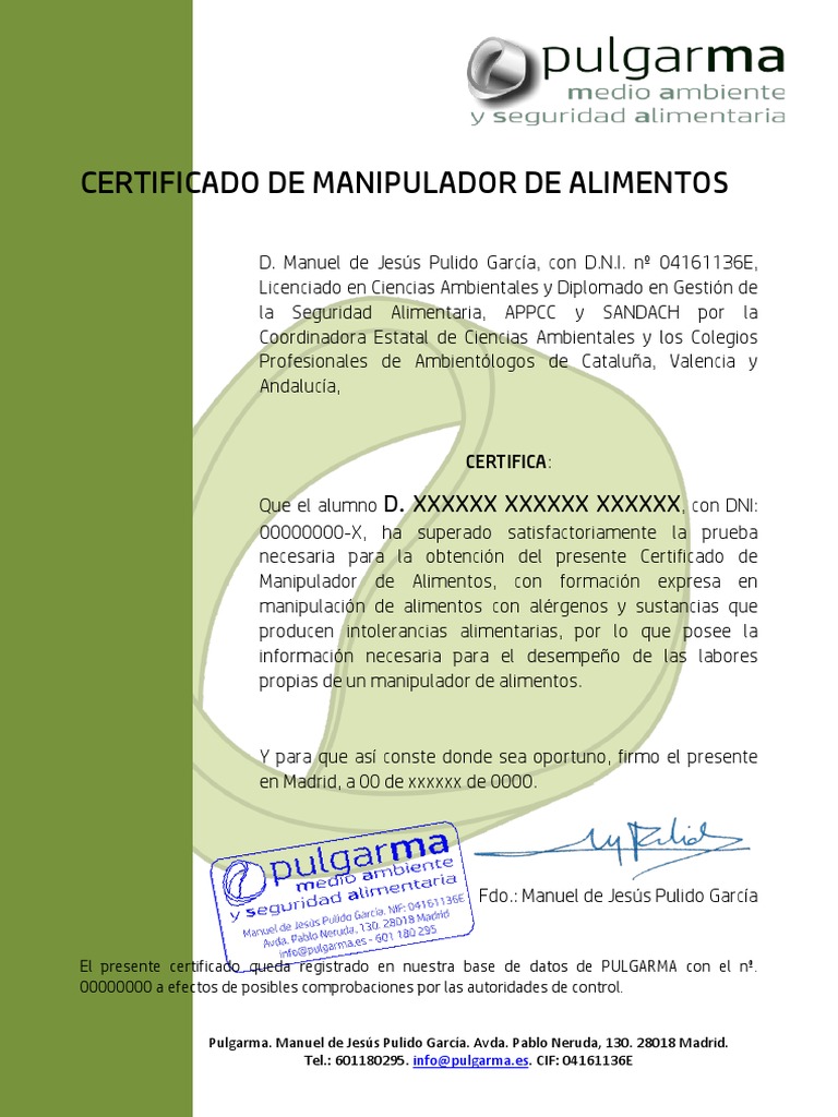Modelo CERTIFICADO DE MANIPULADOR DE ALIMENTOS | PDF | Seguridad ...