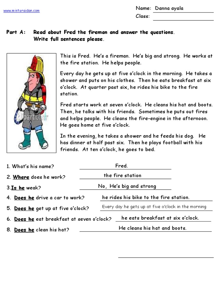Fred The Fireman Reading Comprehension Reading Comprehension Exercises ...