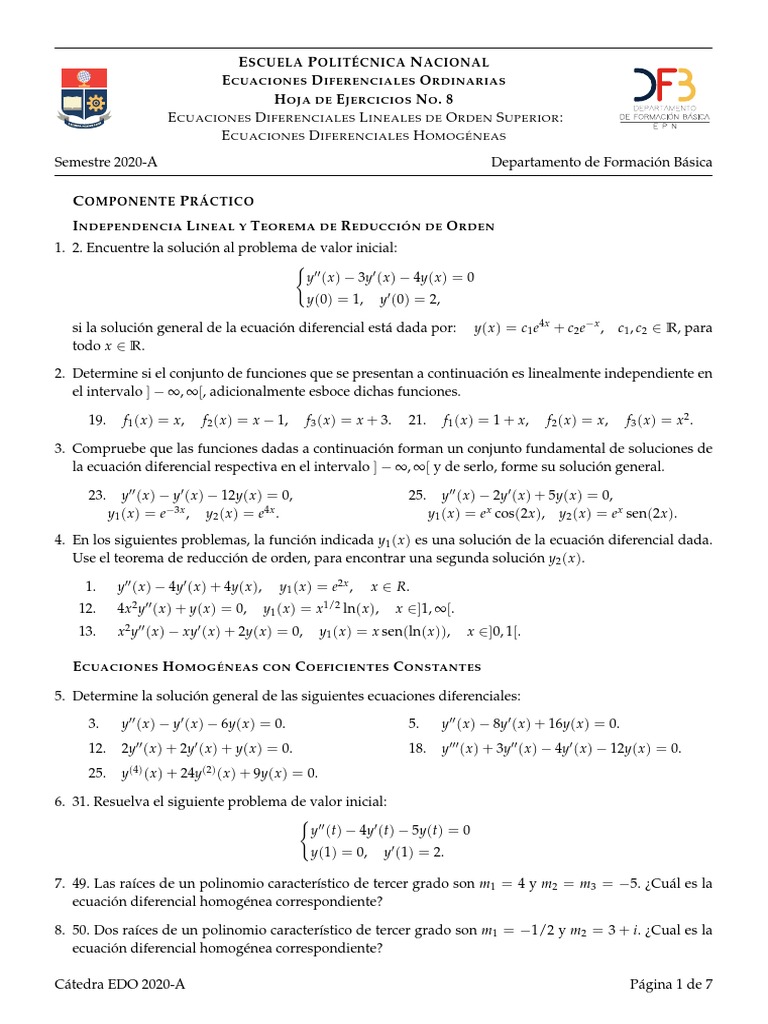 Hoja Ejercicios EDO 2020A 8 Edos Lineales Homogeneas | PDF | Ecuaciones diferenciales | Ecuaciones
