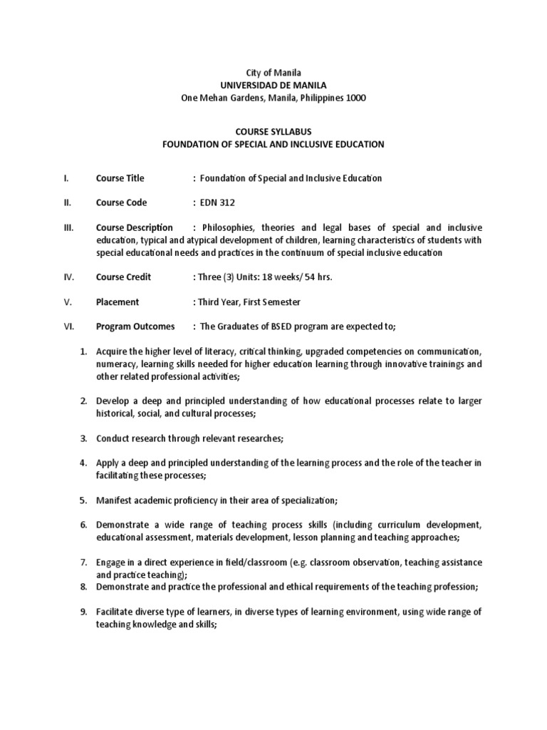 Syllabus For SPED Students | PDF | Special Education | Inclusion ...
