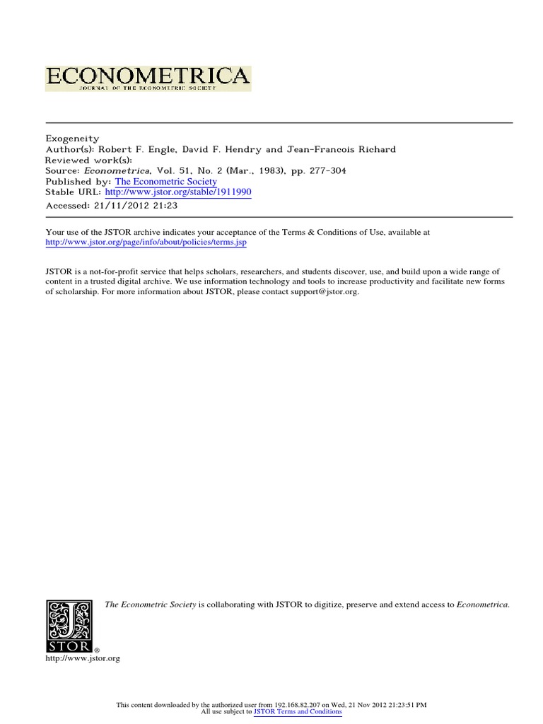 (1983) Engle, R. F. Hendry, D. F. Richard, J .F. - Exogeneity. | PDF ...