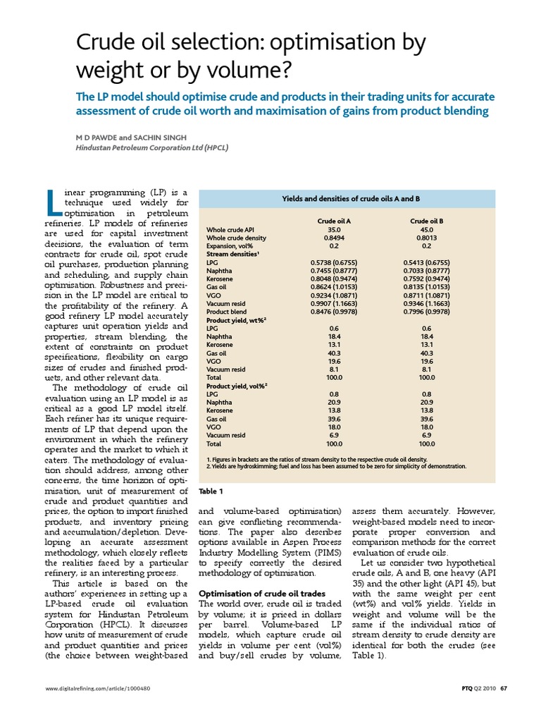 Crude Oil Weight vs Volume Optimisation | PDF | Barrel (Unit) | Oil ...