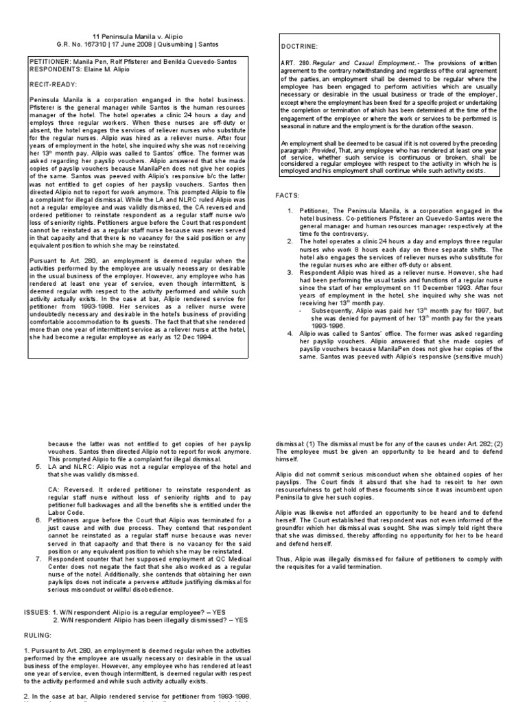 11 Peninsula Manila v. Alipio | PDF | Complaint | Employment