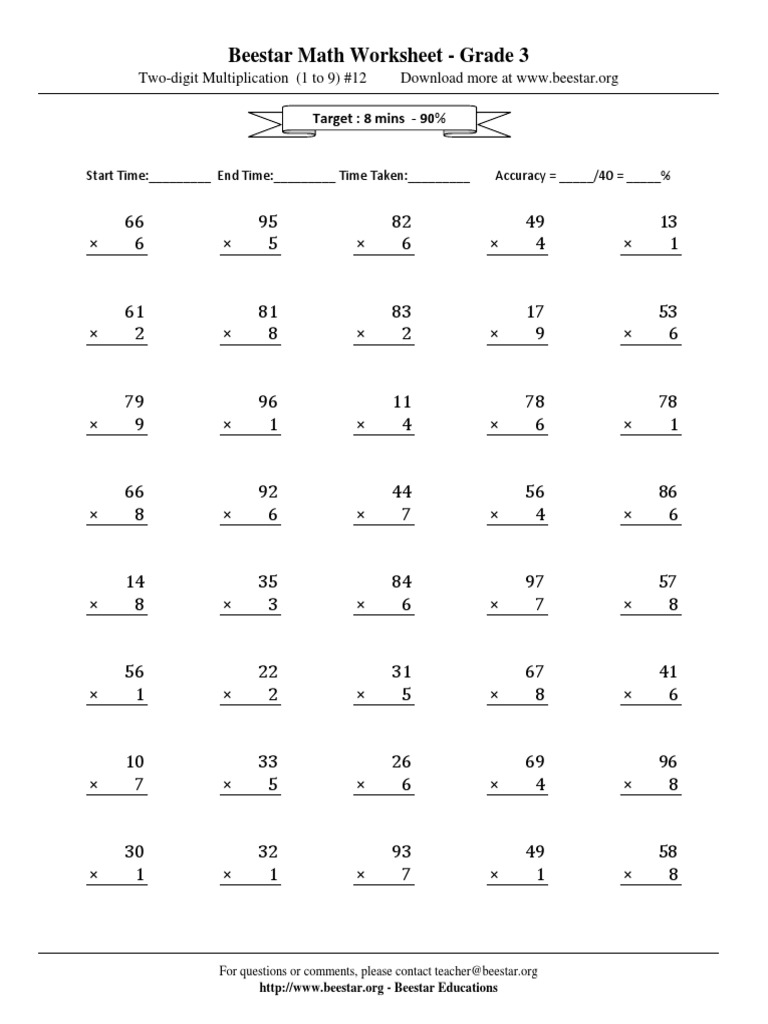 Beestar Math Worksheet - Grade 3: Target: 8 Mins - 90% | PDF