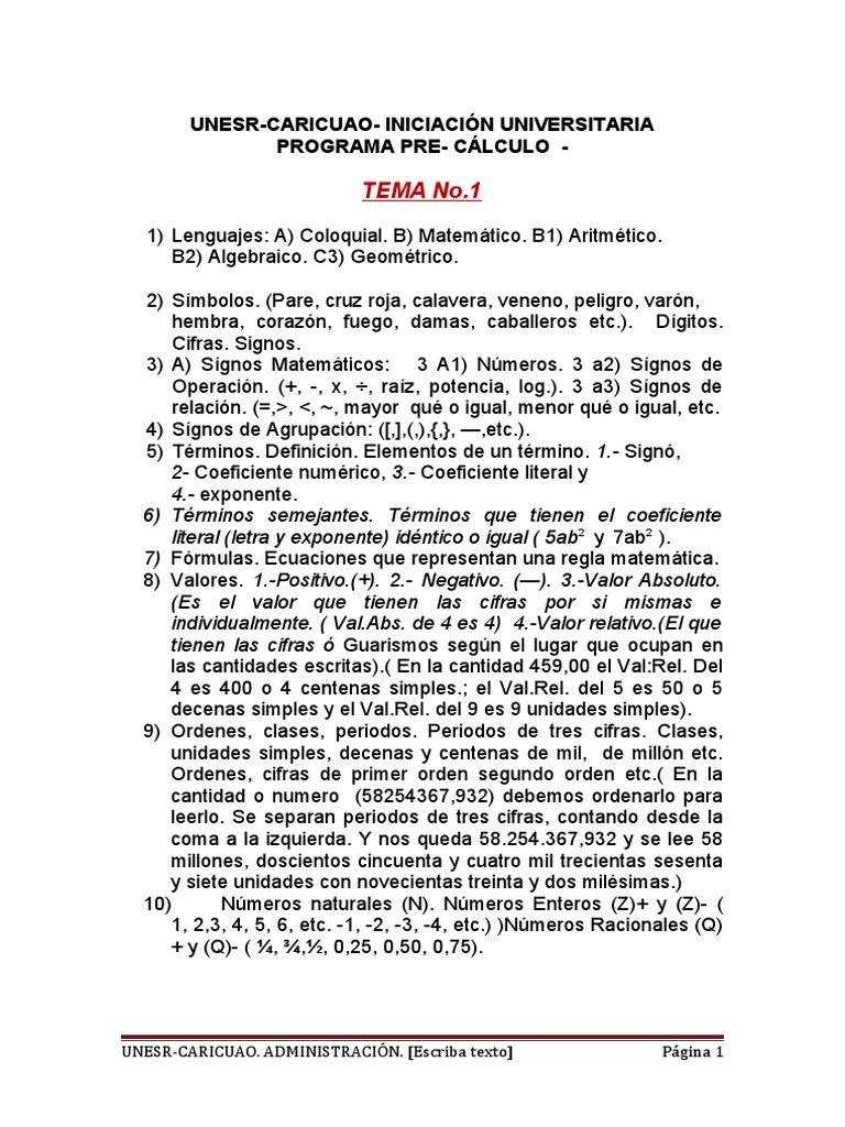 Precal Tema 1,2,3,4. | PDF | Multiplicación | Ecuaciones