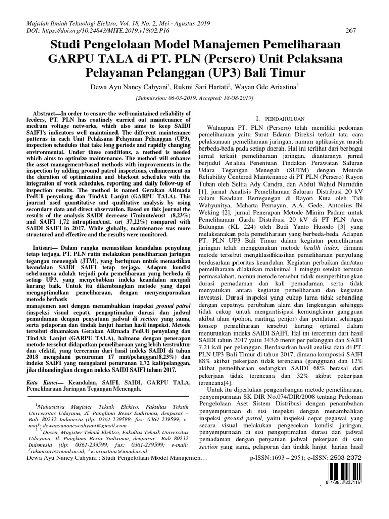 Studi Pengelolaan Model Manajemen Pemeliharaan GARPU TALA Di PT. PLN (Persero) Unit Pelaksana ...