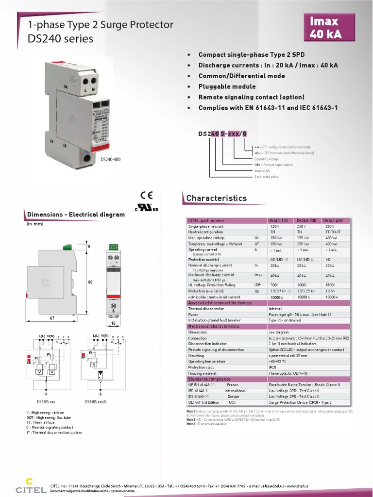 DS240 Series: 1-Phase Type 2 Surge Protector | Download Free PDF | Fuse ...