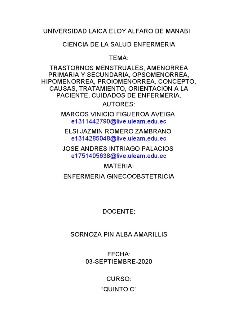 Trastornos Menstruales: Amenorrea y Cuidados | PDF | Ciclo menstrual ...