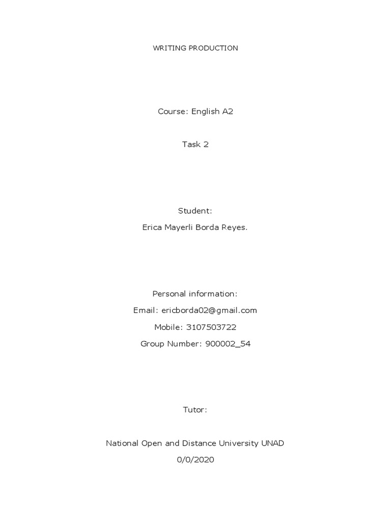 Course: English A2: Writing Production | PDF
