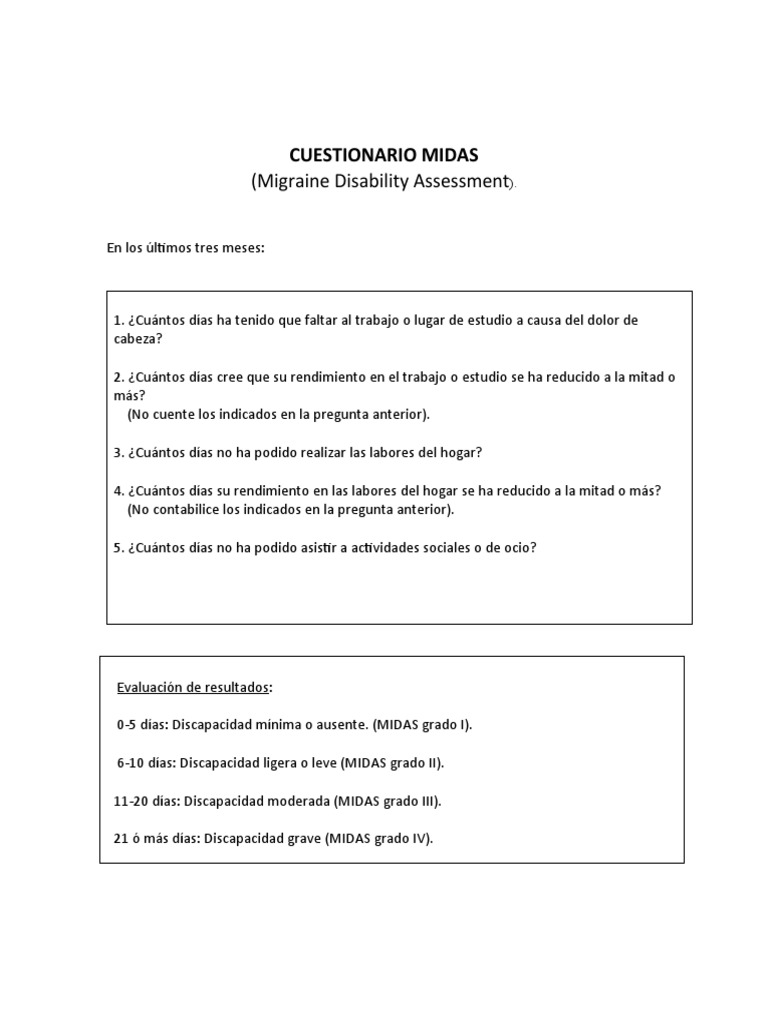 Cuestionario Midas | Descargar gratis PDF | Dolor de cabeza ...