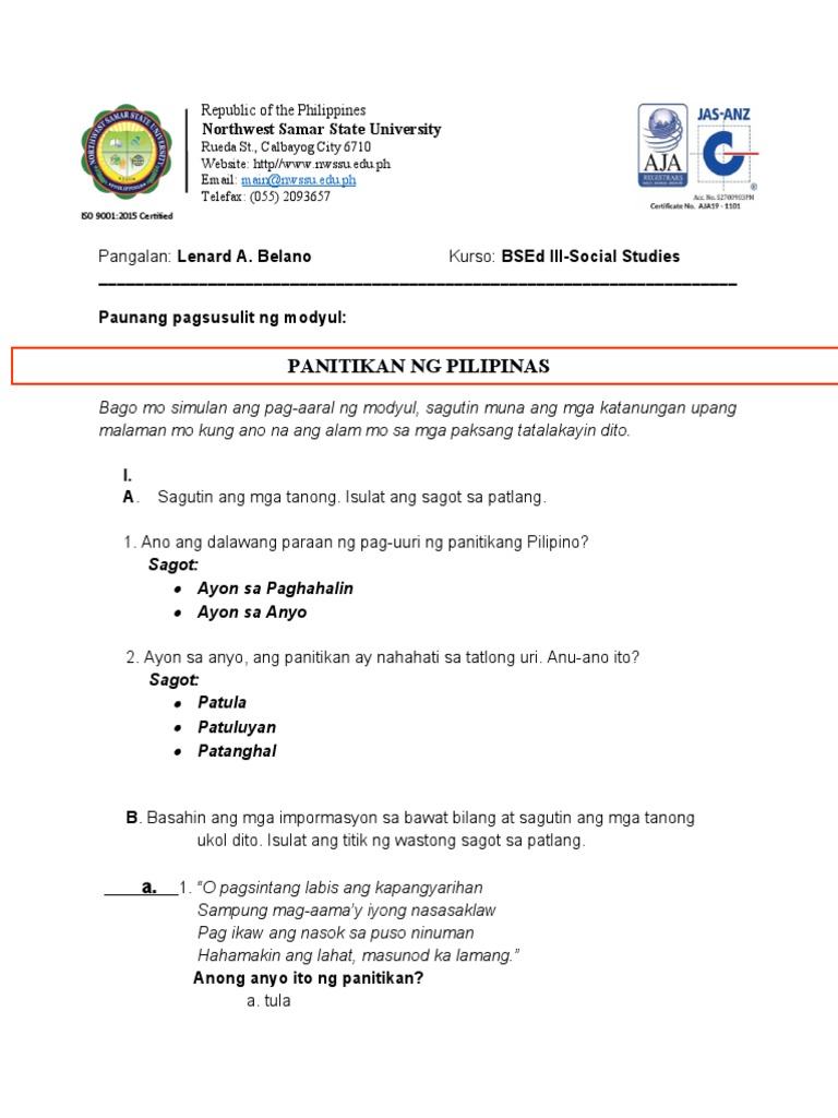 Paunang Pagsusulit | PDF